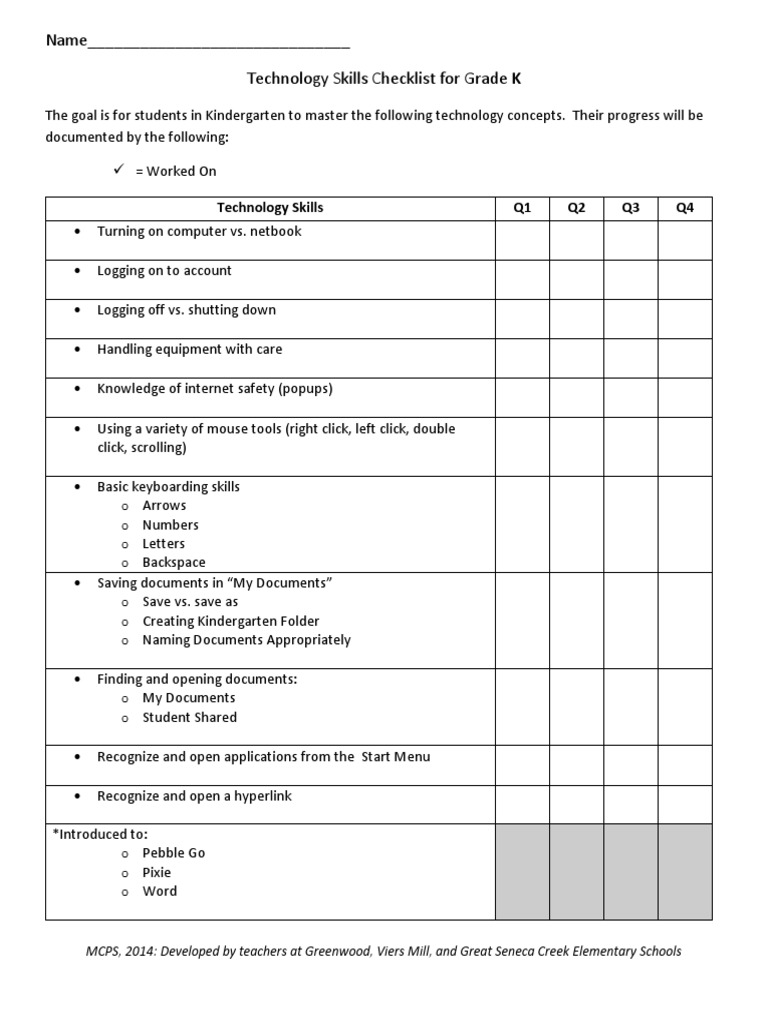 Kindergarten Technology Skills Checklist | PDF