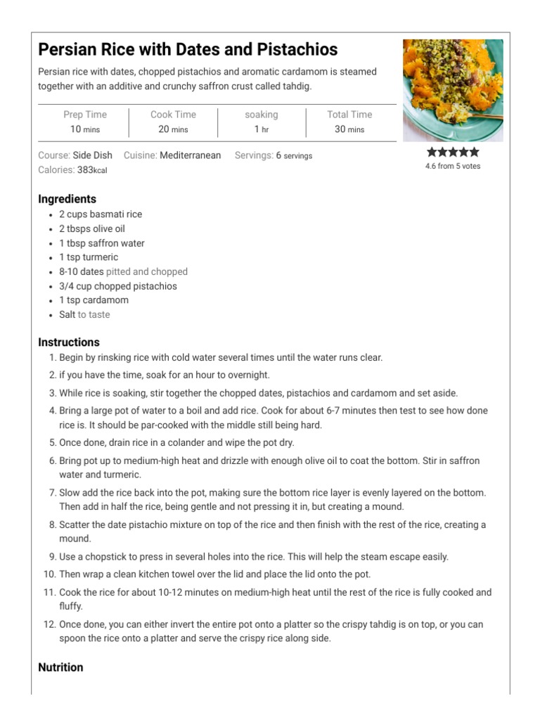 Persian Rice With Dates and Pistachios | PDF