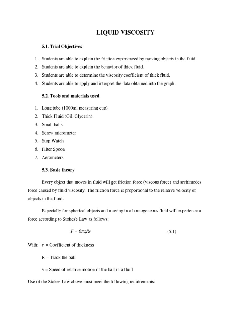 Liquid Viscosity: 5.1. Trial Objectives | PDF | Viscosity | Force