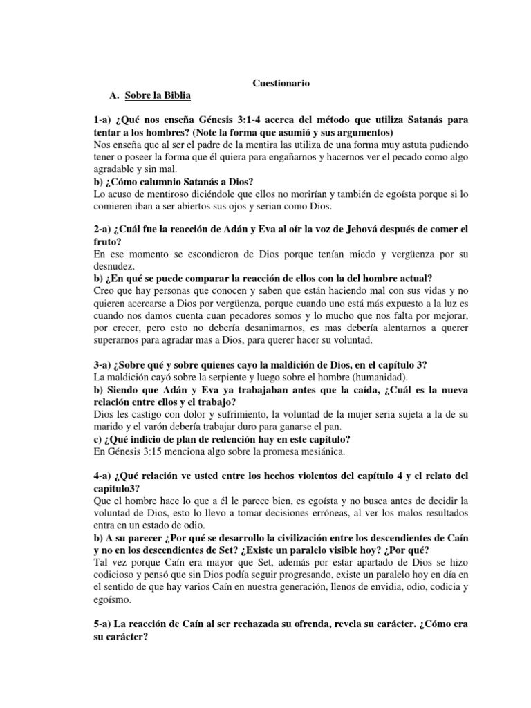 Cuestionario 1 | PDF | Adán y Eva | Caín y Abel