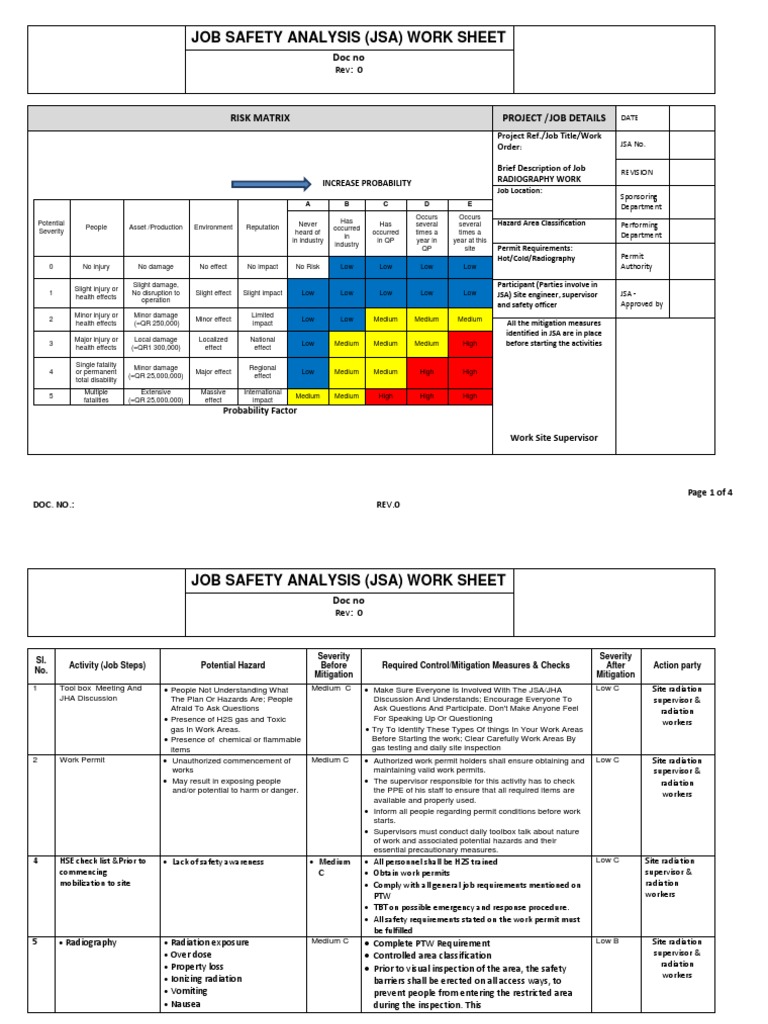 Job Safety Analysis (Jsa) Work Sheet: Doc No | PDF | Emergency ...