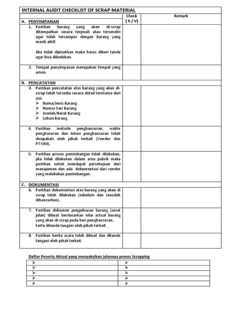 Internal Audit Checklist of Scrap Material | PDF