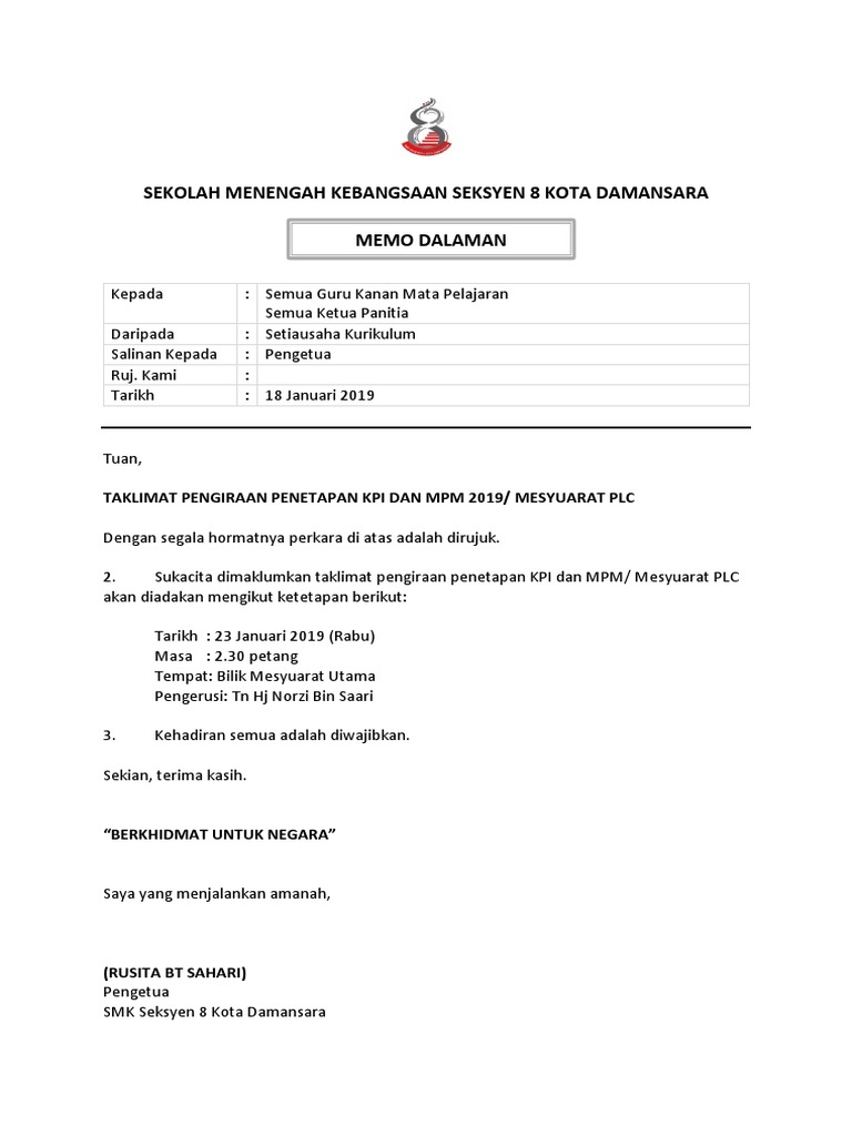 Memo Mesyuarat PLC - Pengiraan Penetapan Kpi - MTM | PDF
