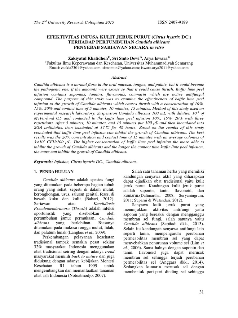 EFEKTIVITAS INFUSA KULIT JERUK PURUT (Citrus Hystrix DC.) TERHADAP PERTUMBUHAN Candida Albicans ...