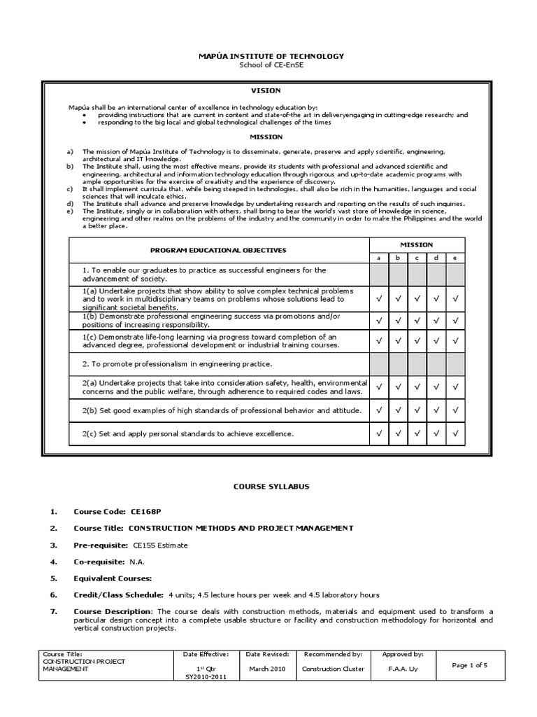 RCASIS CE168P Construction Methods and Project Management | PDF | Project Management | Engineering