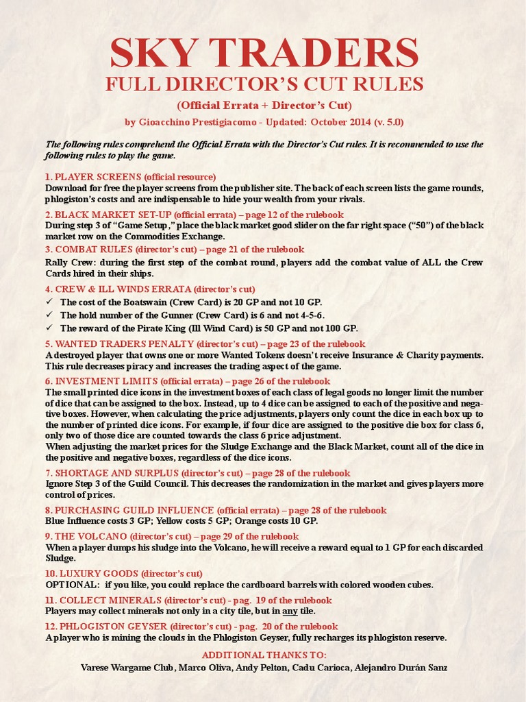 Sky Traders Director's Cut: Comprehensive Rules Update Including ...
