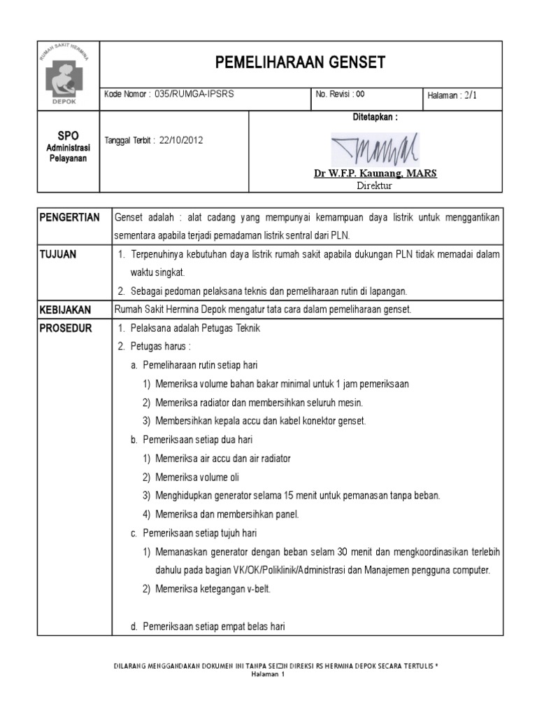 Form Pemeliharaan Genset | PDF