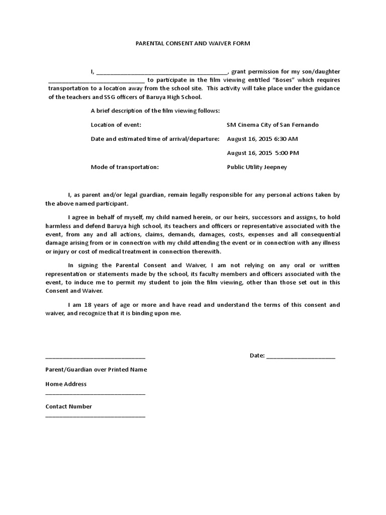 Parental Consent and Waiver Form | PDF | Consent | Government Information