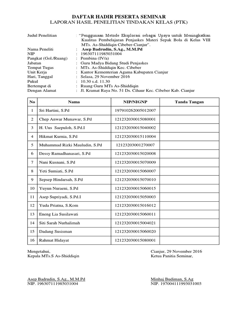 Daftar Hadir Peserta Seminar-Ptk | PDF