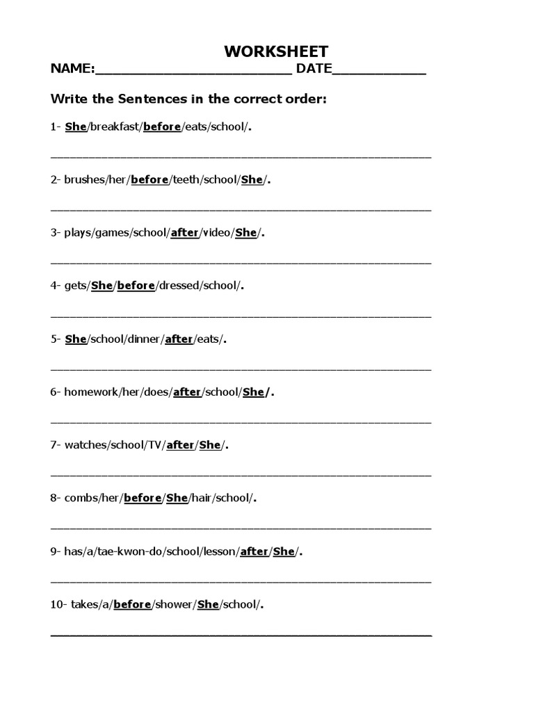 Worksheet: NAME: - DATE - Write The Sentences in The Correct Order | PDF
