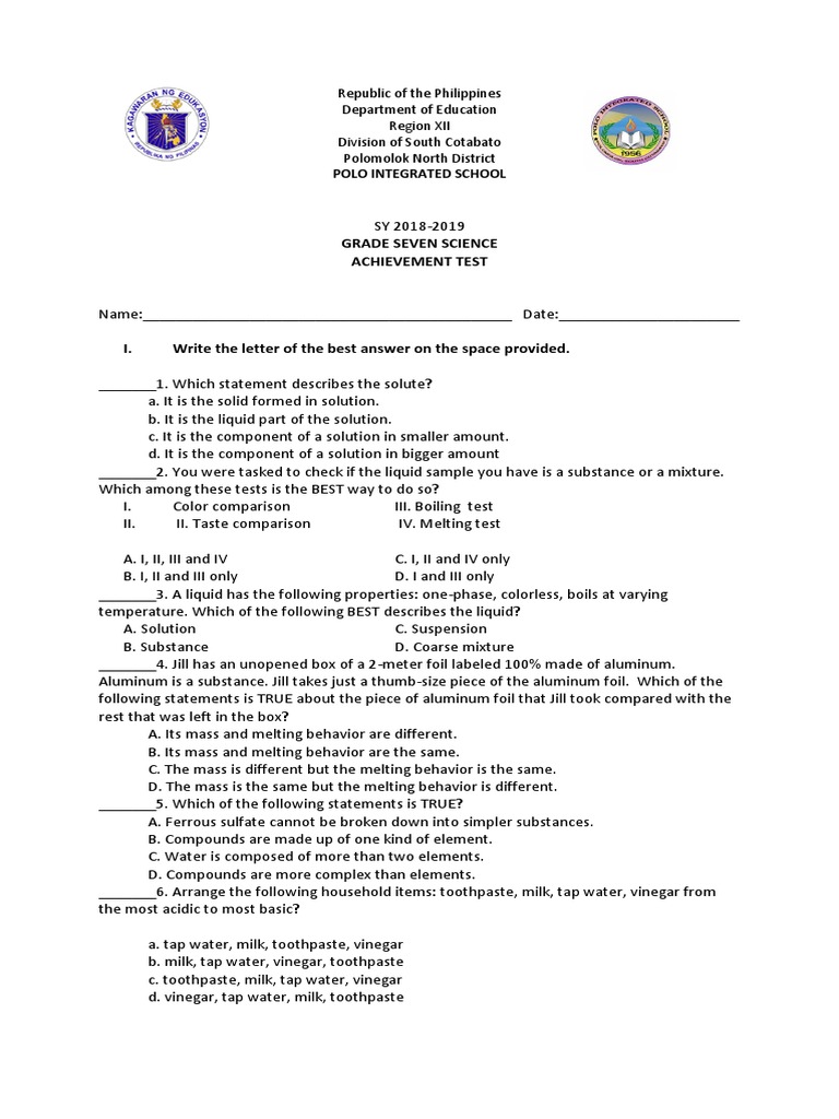 Grade 7 Science Test 2018-2019 | PDF | Sexual Reproduction | Atmosphere ...
