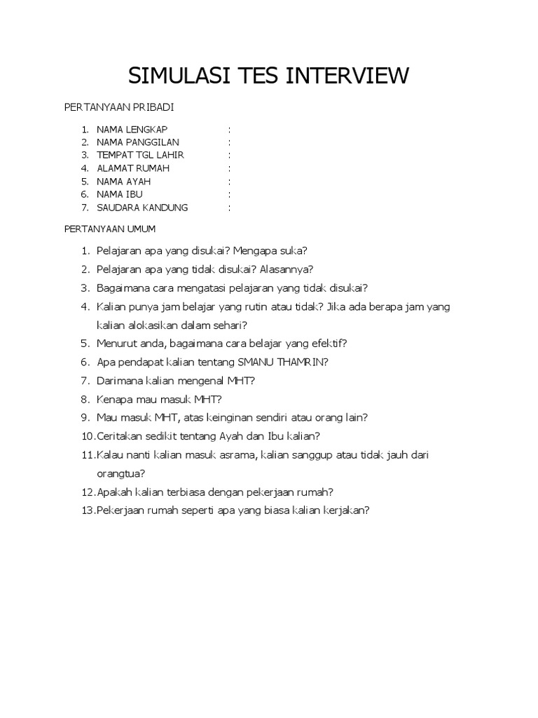 Simulasi Tes Interview SMA MHT | PDF