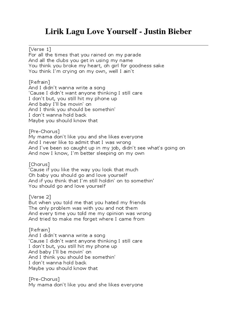Lirik Lagu Love Yourself - Justin Bieber | PDF | Love Yourself | Vocal ...