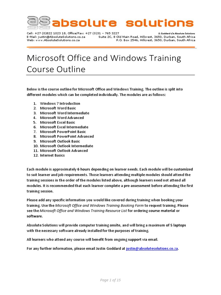 Microsoft Office and Windows Training Course Outline | Microsoft ...