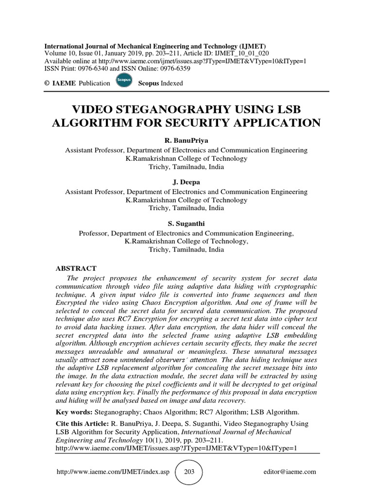 Video Steganography Using LSB Algorithm For Security Application | PDF