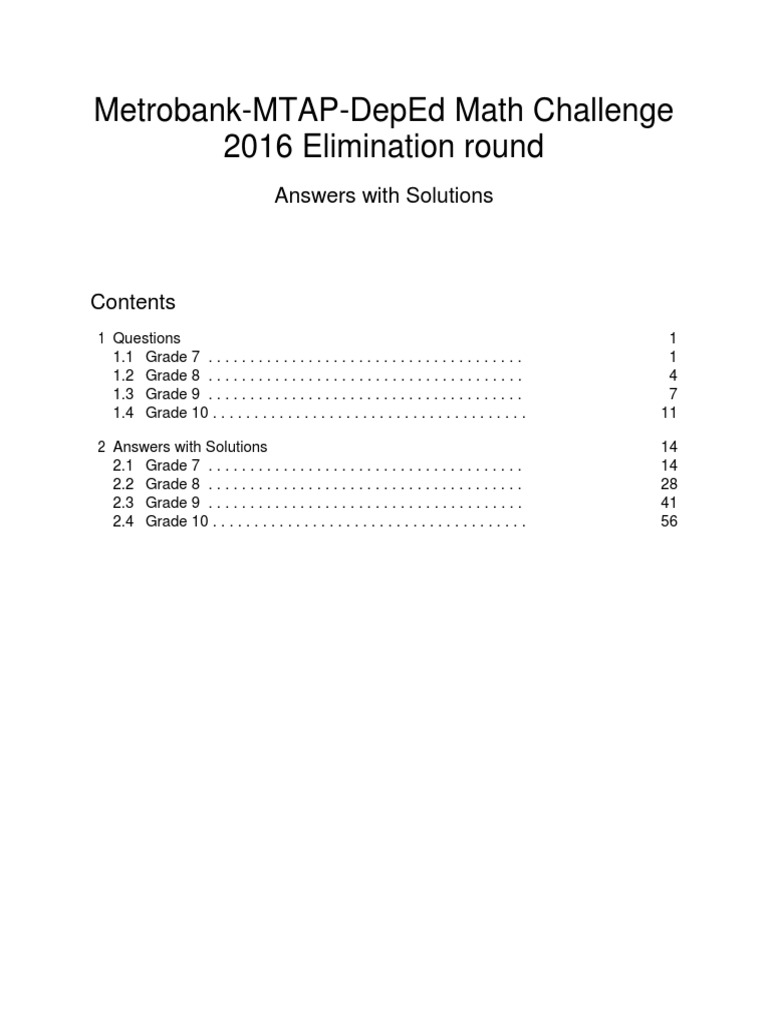 Metrobank-Mtap-Deped Math Challenge 2016 Elimination Round: Answers With Solutions | PDF ...