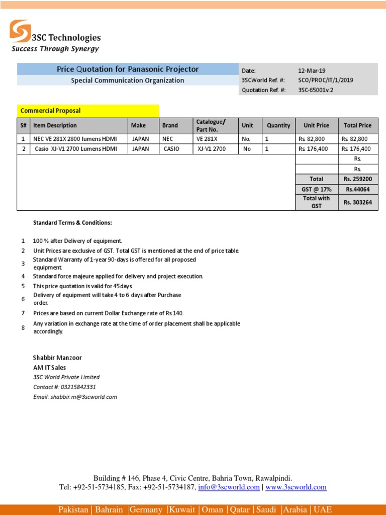 Price Quotation For Panasonic Projector: Special Communication ...