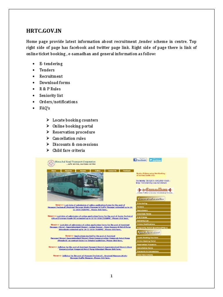 HRTC Website Provides Online Services for Ticket Booking and More | PDF ...