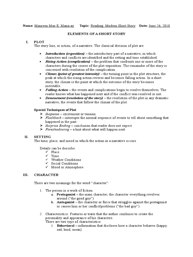 Elements of a Short Story Worksheet | PDF | Plot (Narrative) | Narration