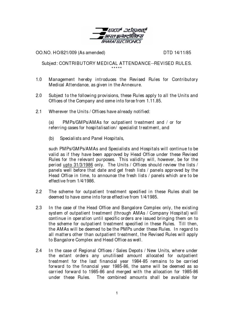 Contributory Medical Attendance Rules - BEL | PDF | Pharmacist | Hospital