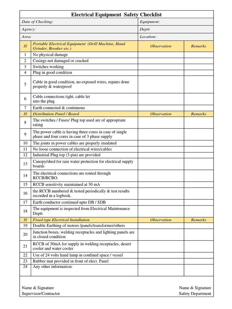 Electrical Equipment Safety Checklist | PDF | Electrical Wiring | Power ...