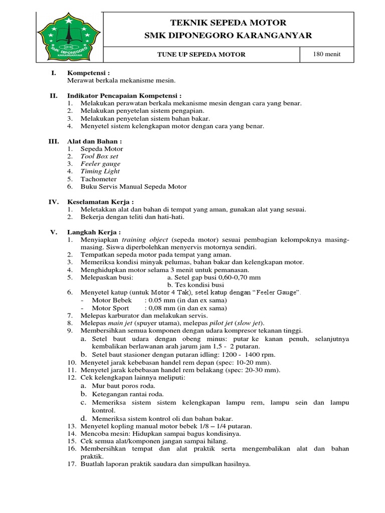 JOBSHEET Tune Up Sepeda Motor | PDF