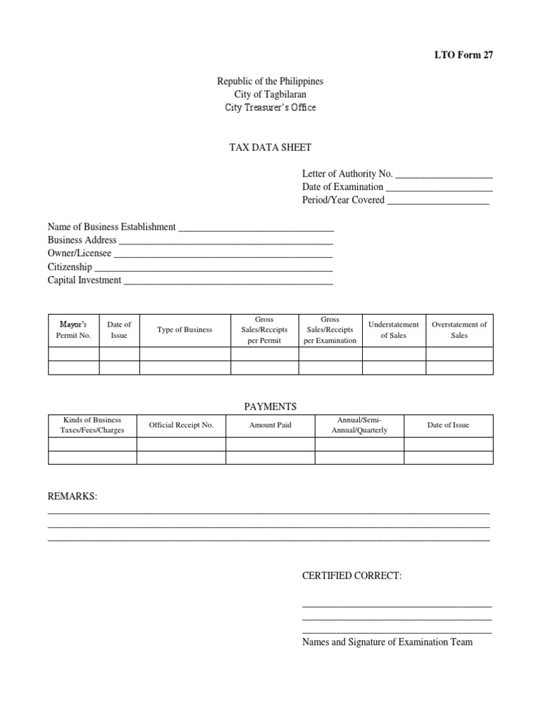 LTO Form 27 Tax Data Sheet | PDF | Services (Economics) | Public Finance