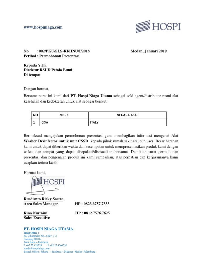 Permohonan Presentasi Alat CSSD Petala Bumi-1 | PDF