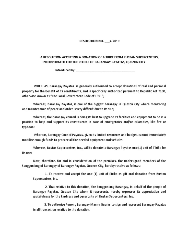 Sample Reso For Accepting Donations1 | PDF