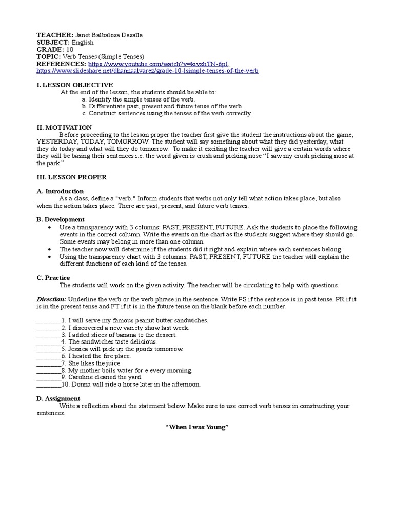 Lesson Plan Janetd - Verbtenses | PDF | Grammatical Tense | Verb