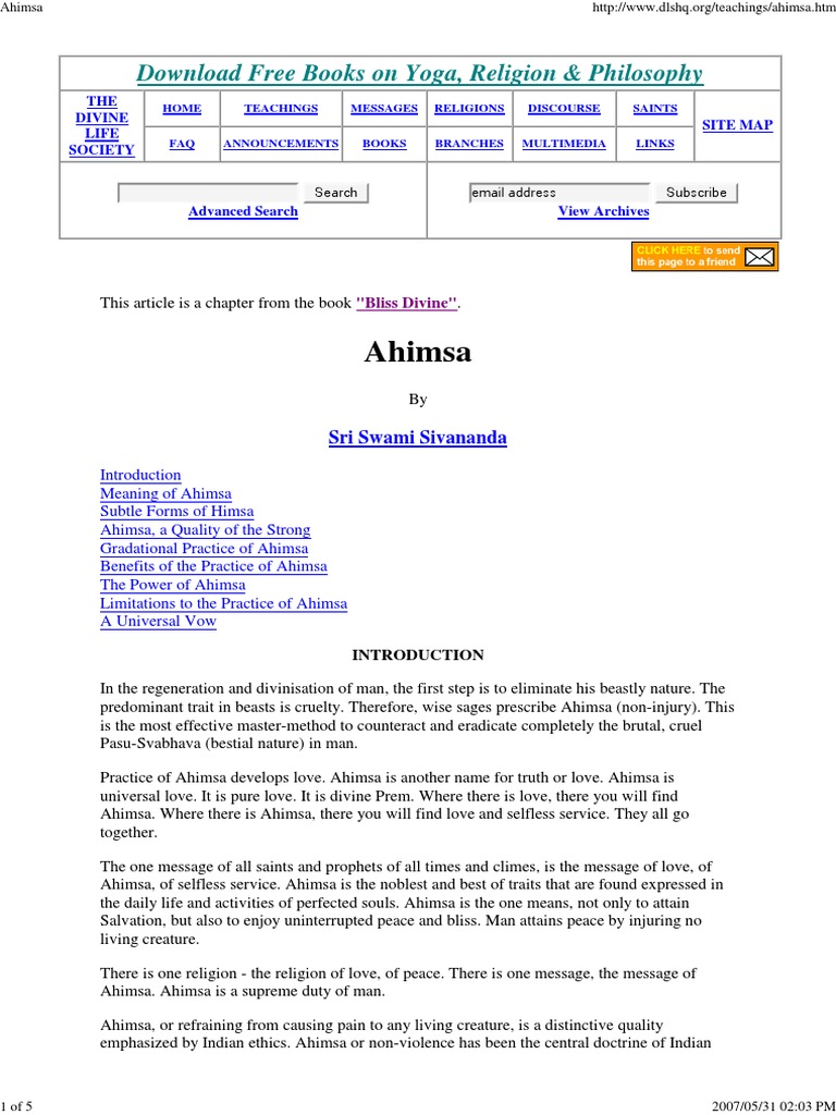 Ahimsa: Download Free Books On Yoga, Religion & Philosophy | PDF ...