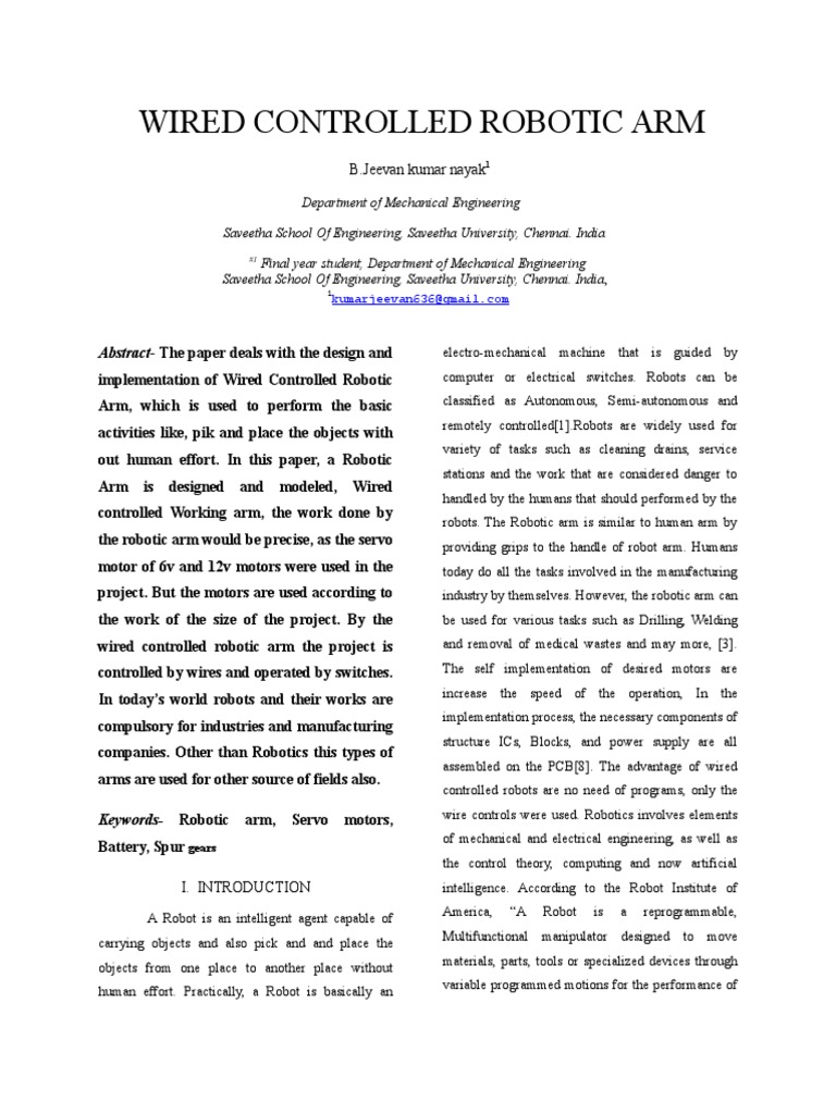 Wired Control Robotic Arm | PDF | Servomechanism | Robotics