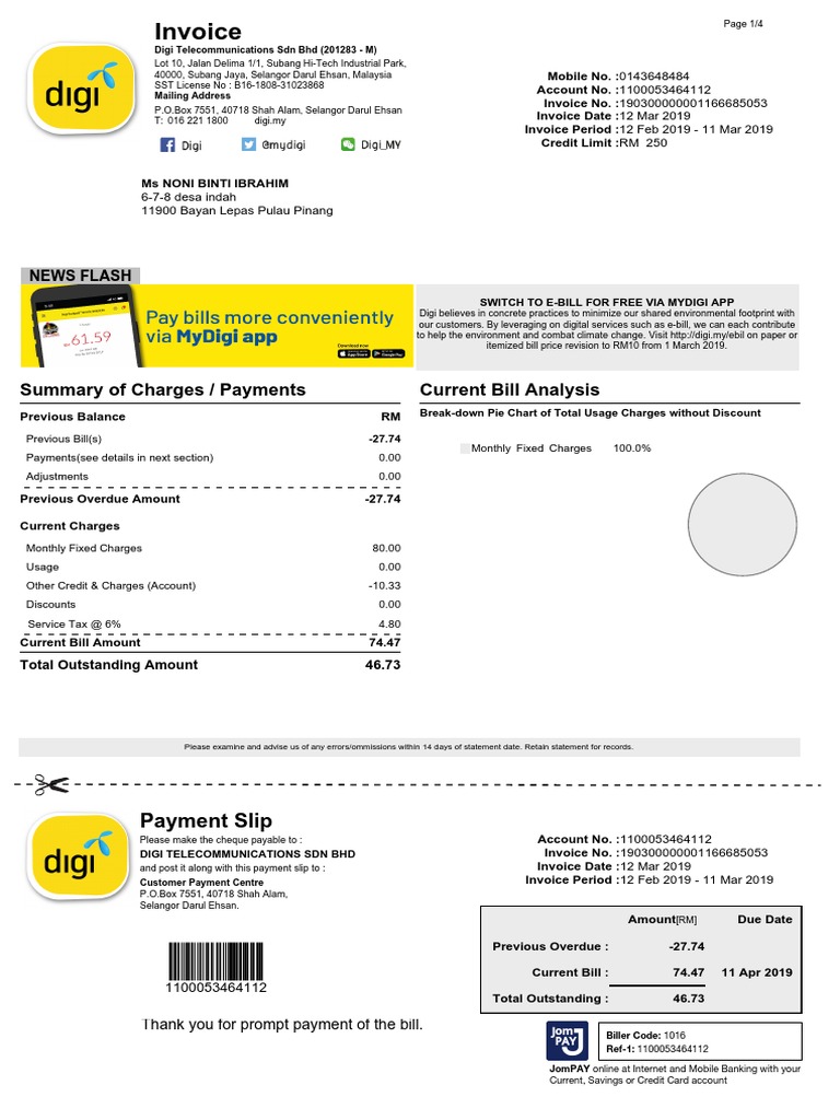 Payment Slip: Summary of Charges / Payments Current Bill Analysis | PDF ...