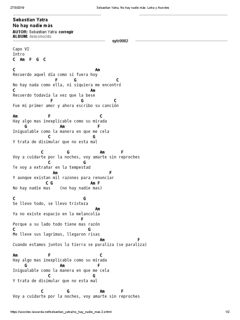Sebastian Yatra, No Hay Nadie Más - Letra y Acordes | PDF | Música ...
