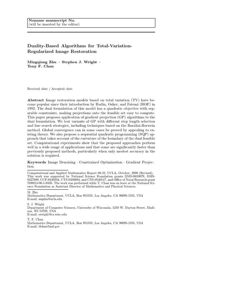 Duality Based Algorithms For Total Variation Regularized Image Restoration Pdf Mathematical