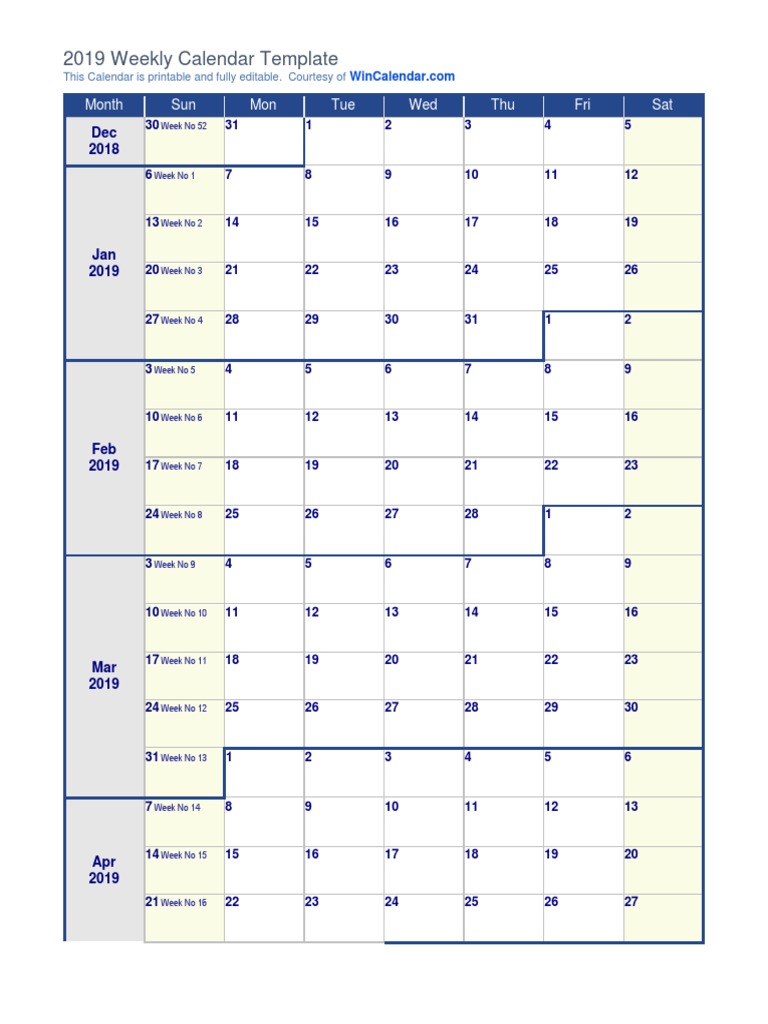 2019 Weekly Calendar 1 | PDF | Microsoft | Software