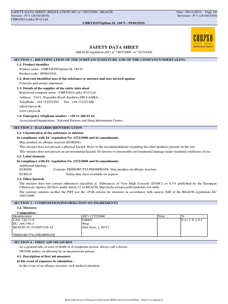 CHRYSO Optima - SL - 180 - N - 28102016 | PDF | Dangerous Goods ...
