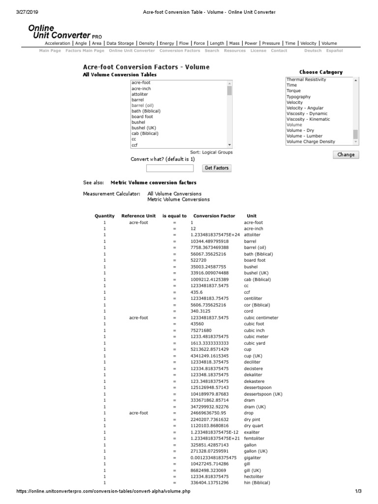 Acre-Foot Conversion Factors - Volume | PDF | Gallon | Volume