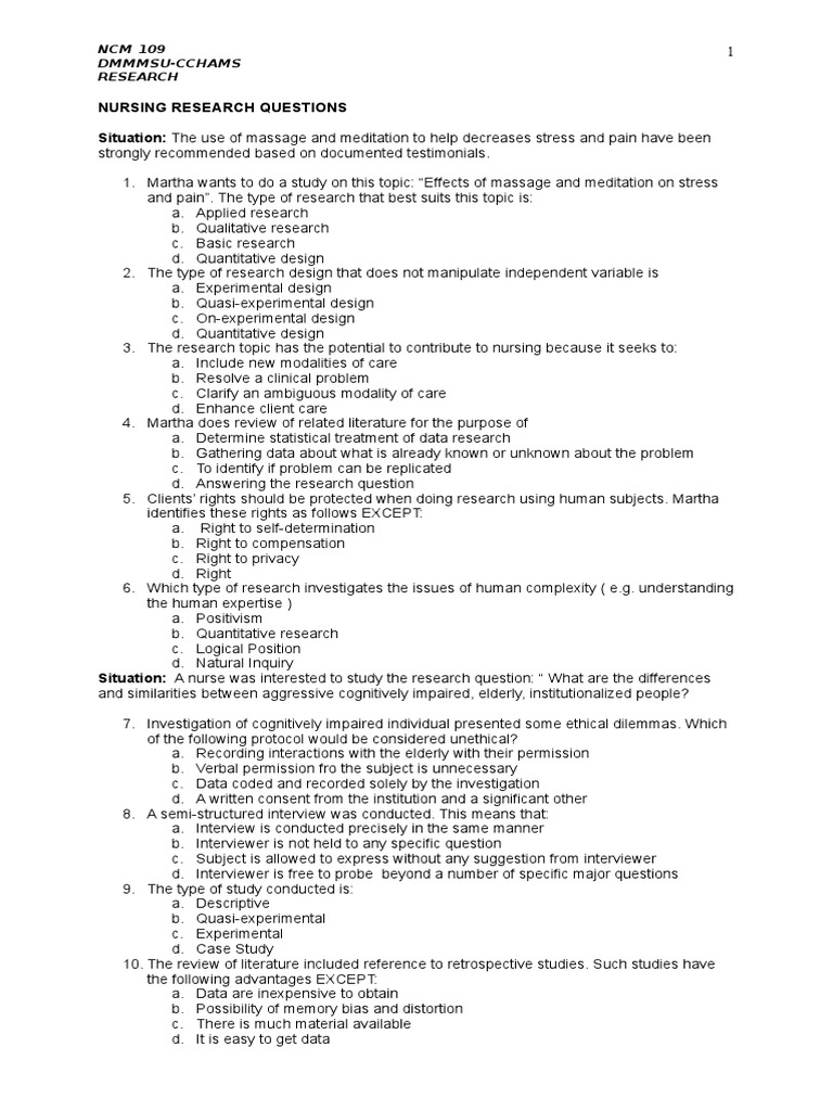 Nursing Research Questions Situation: The Use of Massage and Meditation ...