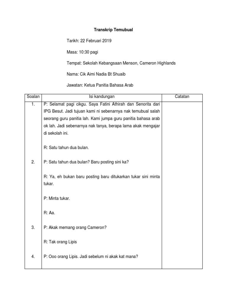 Transkrip Temubual | PDF | Kajian Bahasa Asing