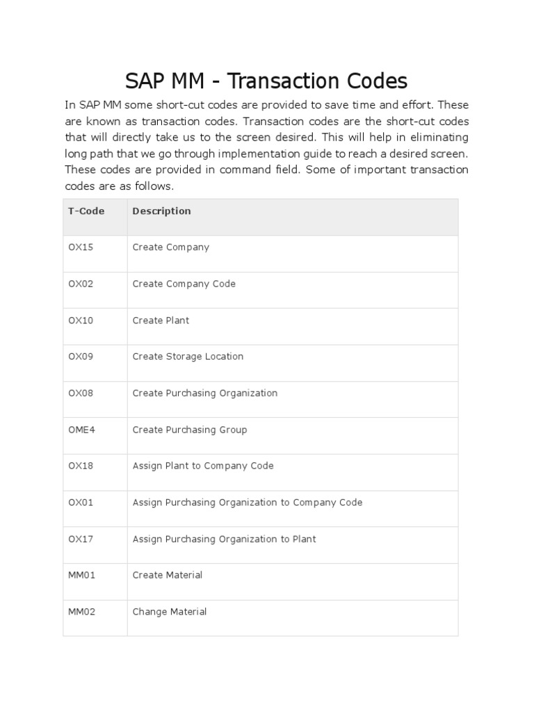 SAP MM - Transaction Codes: T-Code Description | PDF | Service Industries | Business