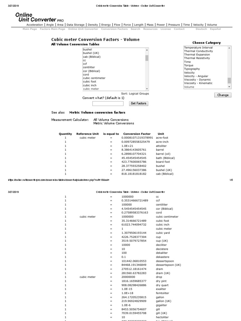Cubic Meter Conversion Factors - Volume | PDF | Gallon | Volume
