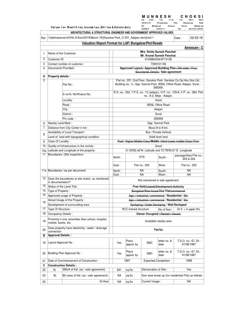 Annexure - C Valuation Report Format For LAP/ Bungalow/Plot/Resale ...