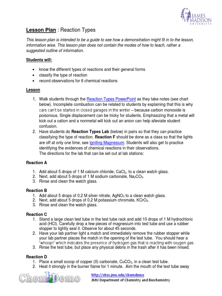 Lesson Plan: Reaction Types: Students Will | PDF | Chemical Reactions ...