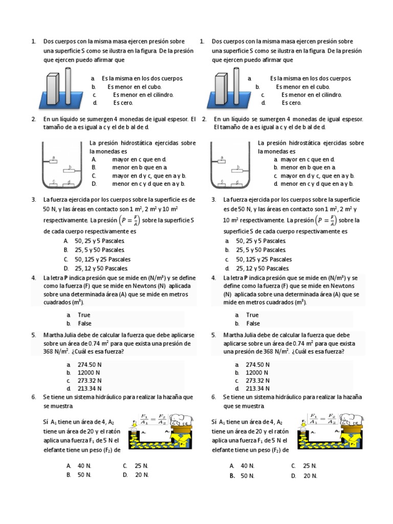 Evaluacion Presion 11 | Descargar gratis PDF | Pascal (Unidad) | Presión