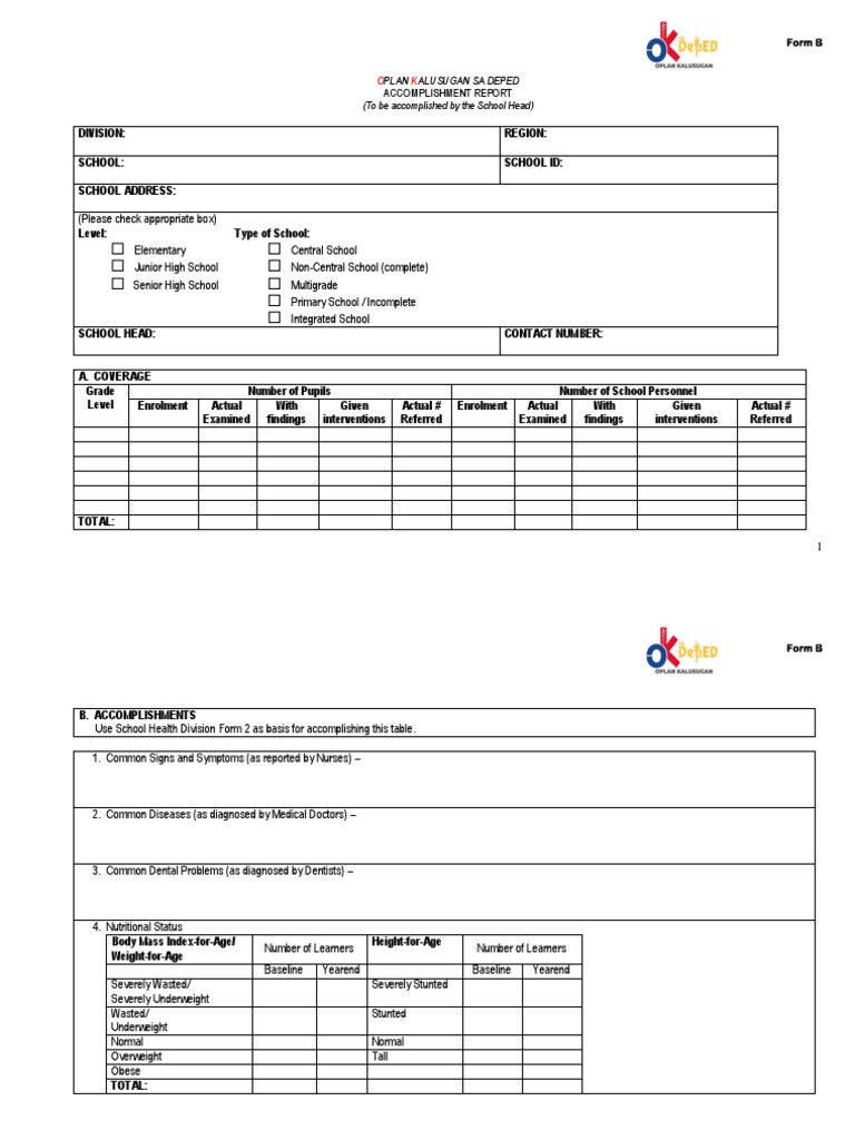 Ok Sa Deped Form B_for Schools | Public Health | Medical Specialties