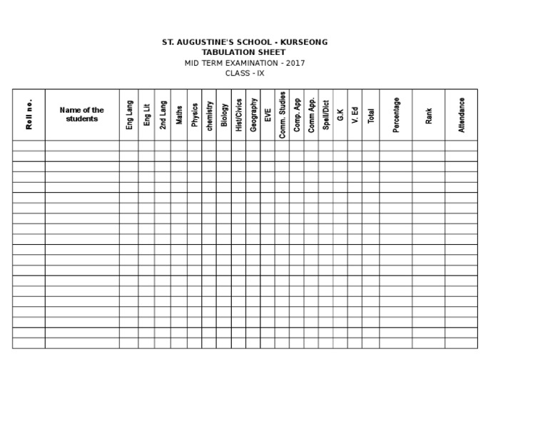 St. Augustine'S School - Kurseong Tabulation Sheet: Mid Term ...
