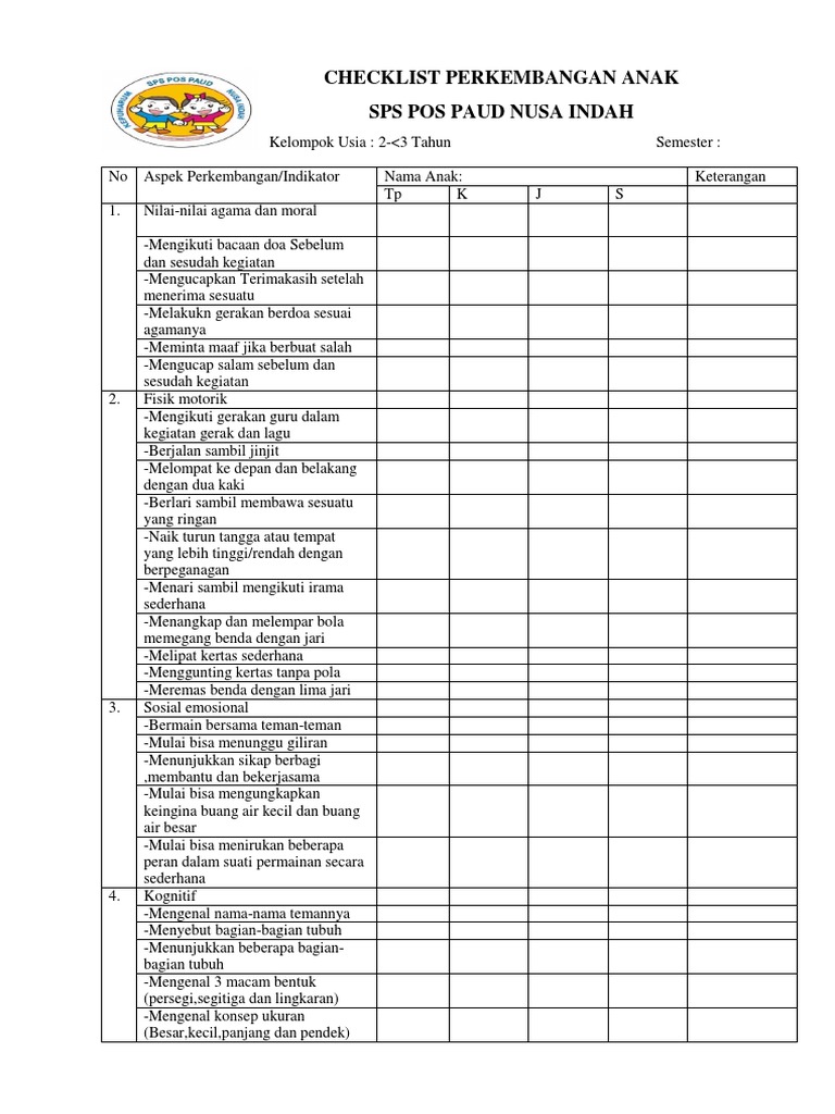 CHECKLIST PERKEMBANGAN ANAK Sps Pos Paud | PDF