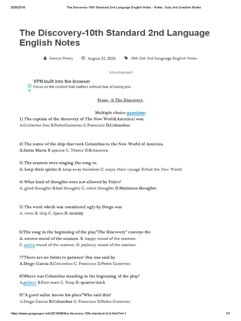 The Discovery-10th Standard 2nd Language English Notes - Notes, Quiz ...