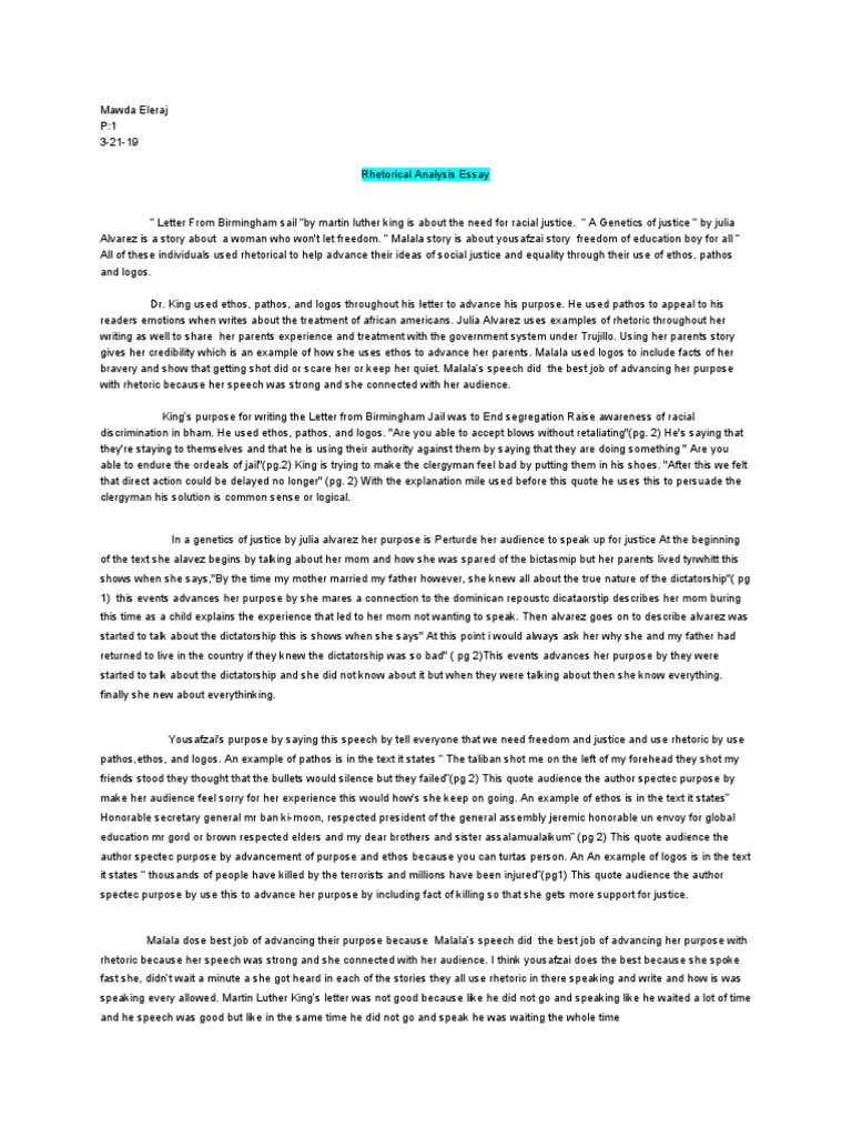 Rhetorical Analysis Essay - Mawda Eleraj | PDF | Malala Yousafzai | Logos
